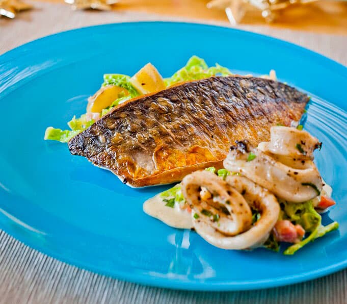 Mackerel with Calamari, Savoy Cabbage and Smoked Bacon - Grandads Cookbook
